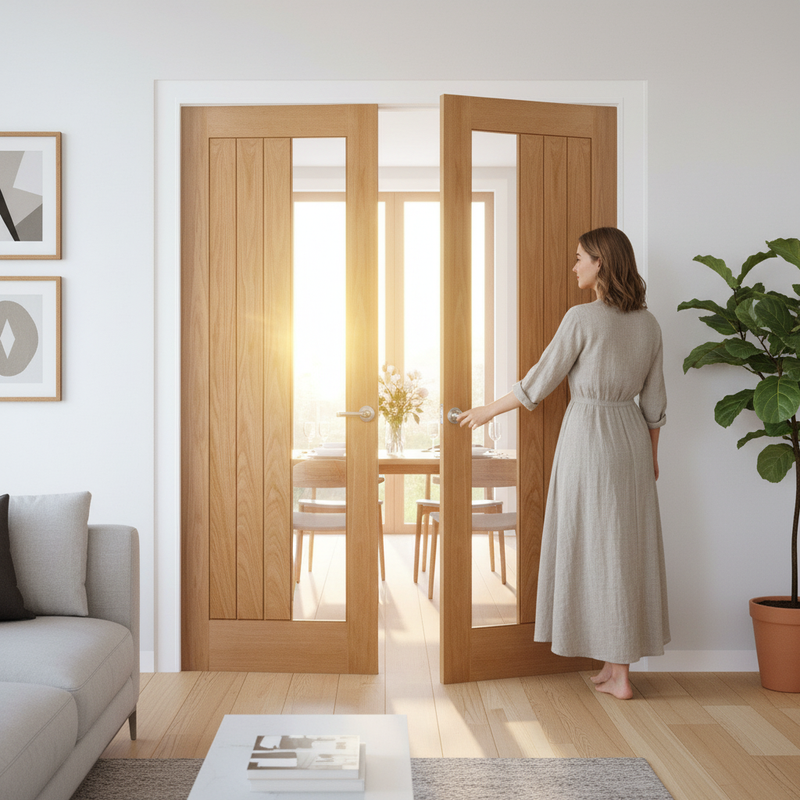 Premium Unfinished Oak Offset Glass Pair Door with Clear Glass Panel