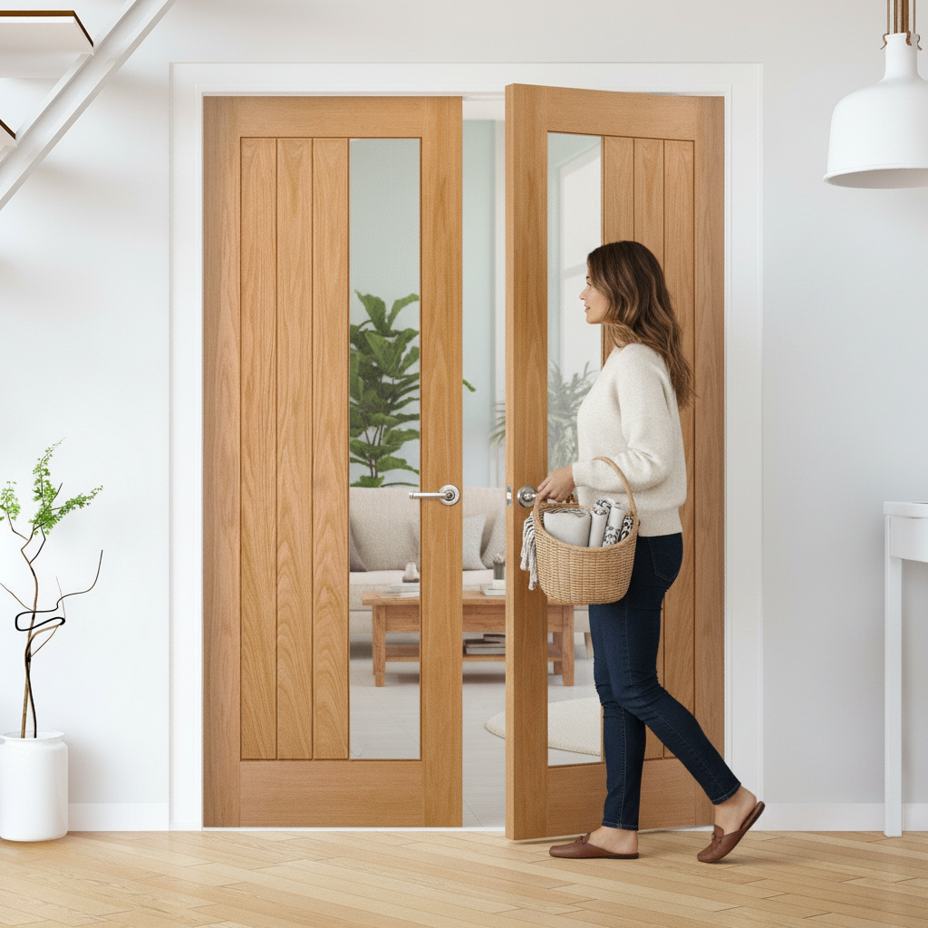 Premium Unfinished Oak Offset Glass Pair Door with Clear Glass Panel