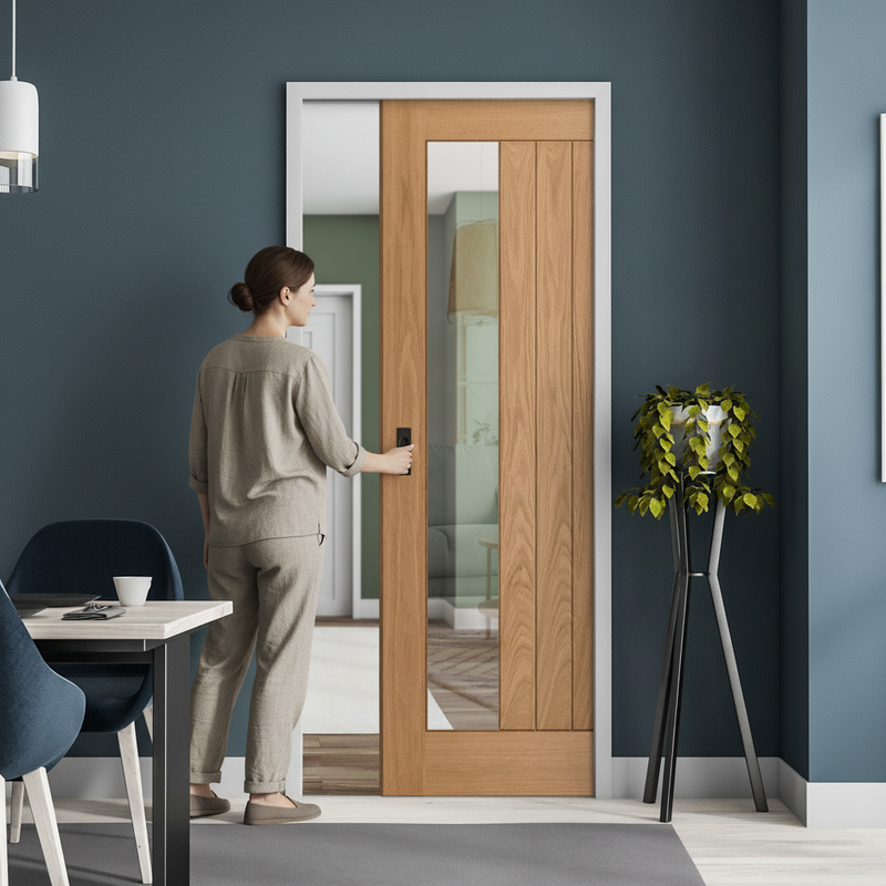 Premium Clear Offset Glass Framed Pocket Door Set with Unfinished Oak
