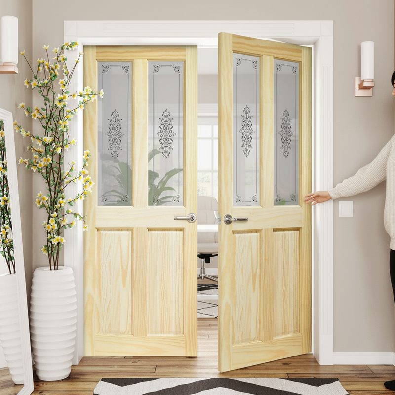 Premium Internal Clear Pine Unfinished 2 Panel 2 Light Door Pair with