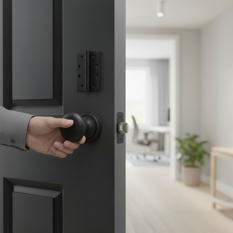 Premium Fire Door Knob Set with Matt Black Finish, Fire-Rated Hinges a