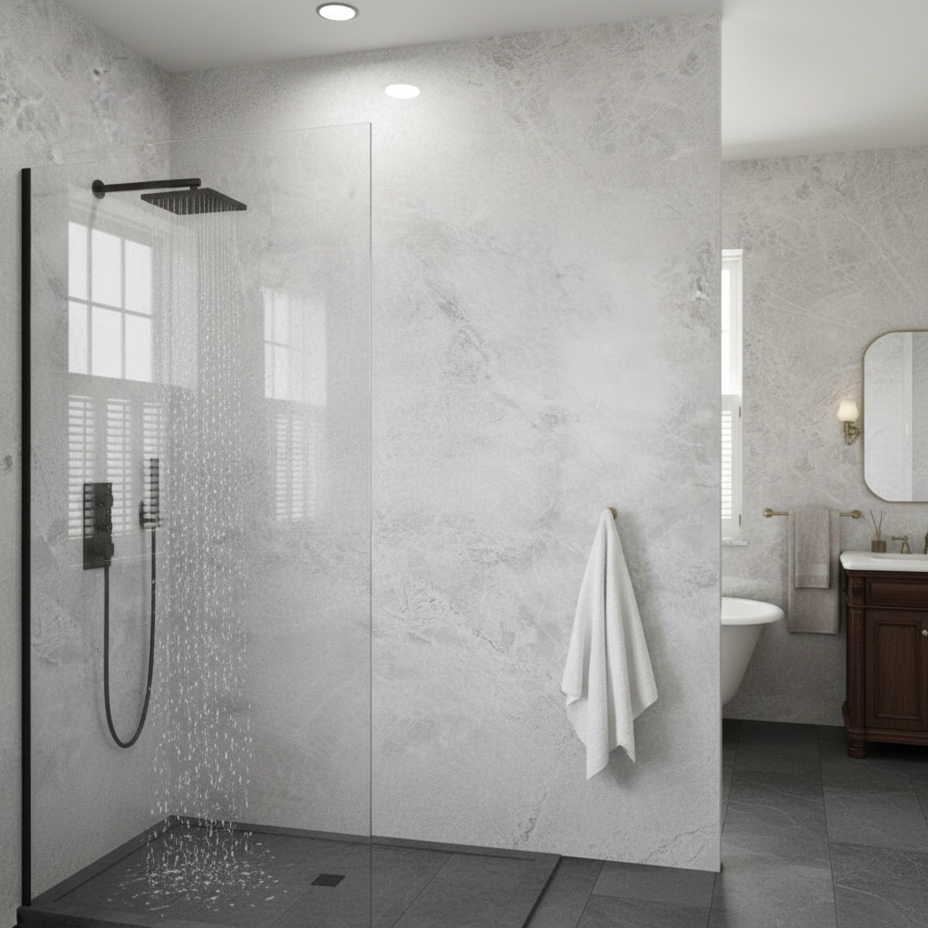 Premium PVC Gloss Waterproof Wall Panelling in Fino Grey Finish for Pr